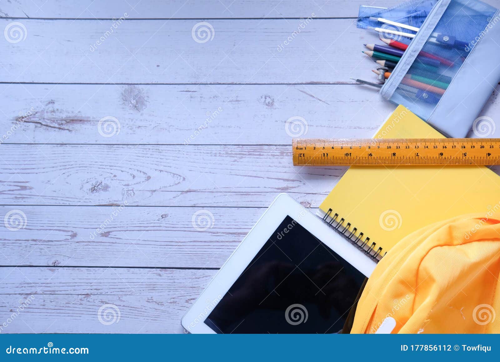 Top View of School Bag with School Suppliers on Table Stock Photo ...