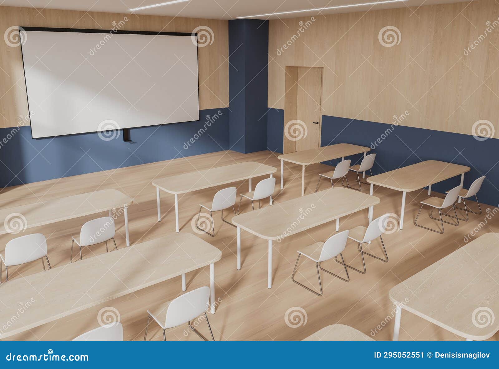 Top View of School Interior with Table in Row and Mock Up Projection ...