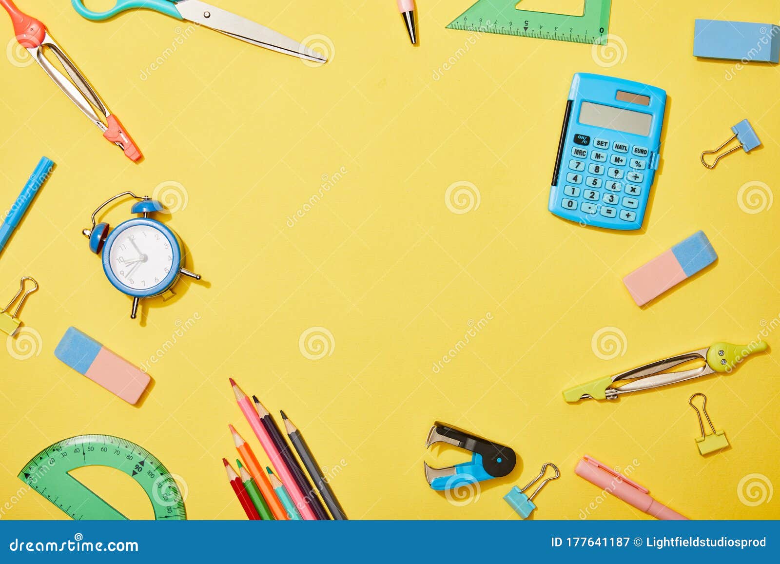 View of School Supplies Scattered on Stock Image - Image of compasses ...
