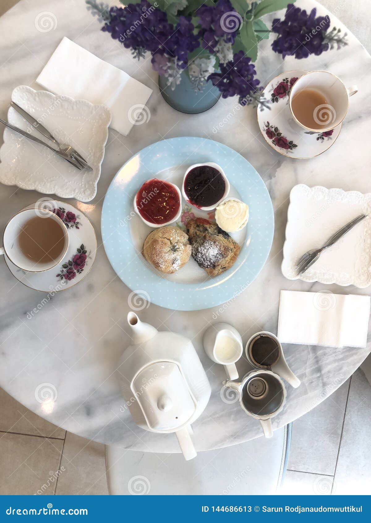 Top View of Scones with Milk and Hot Tea,tea Break Time with Dessert on ...