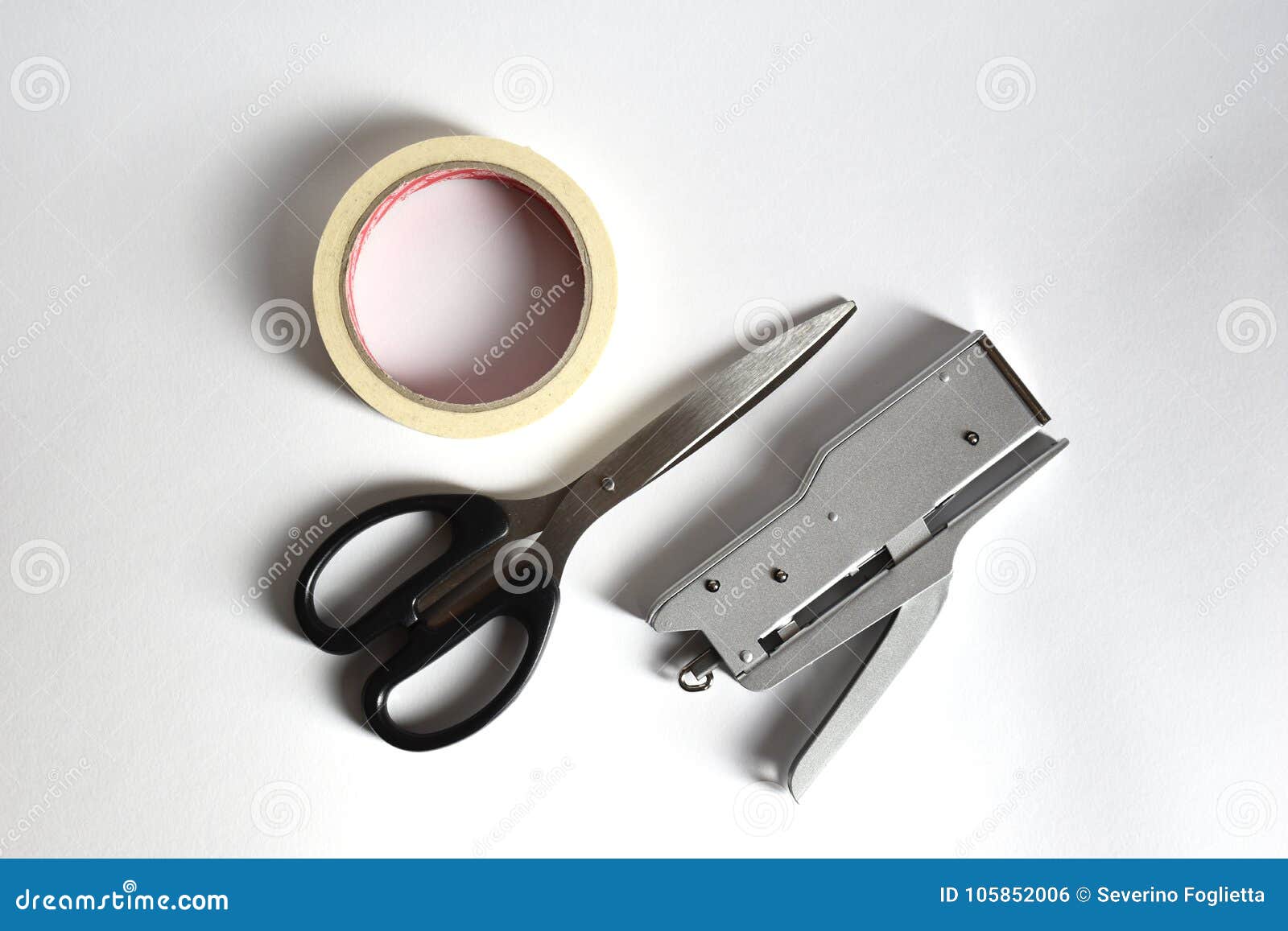 Top View of Scotch Scissors, Pill and Stapler on White Background Stock ...