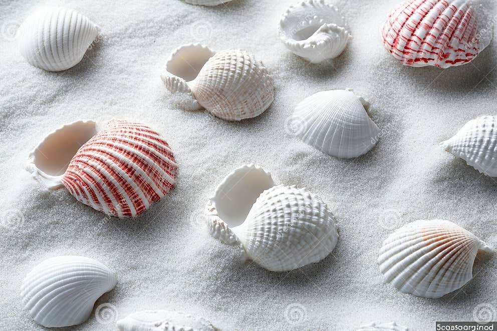 Top View of Sea Shells on White Sandy Beach Background Stock ...