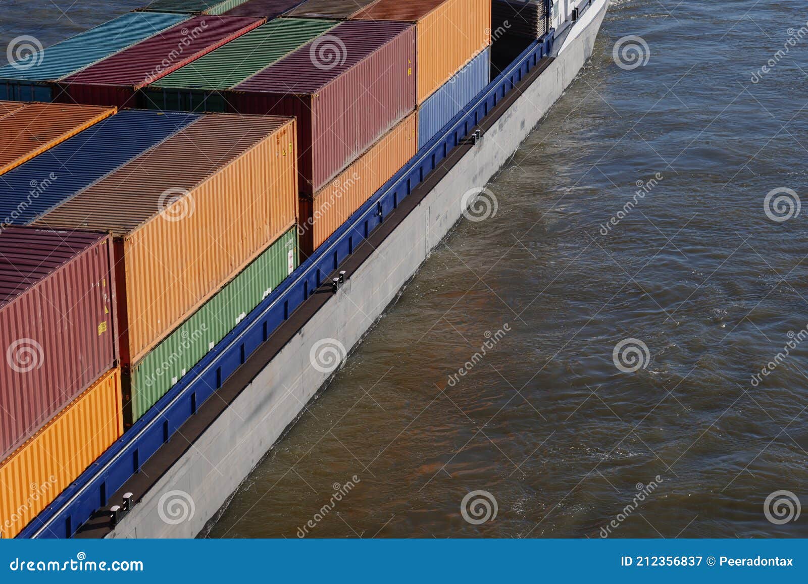 Containers on Container Ship on River. Stock Image - Image of nautical ...