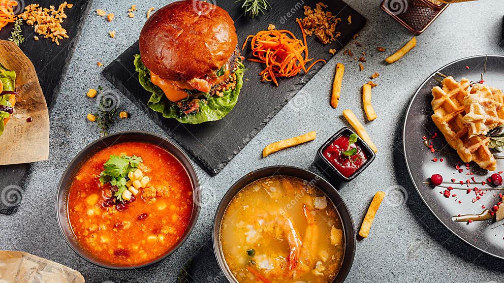 Top View of a Set of Different Dishes Stock Image - Image of background ...