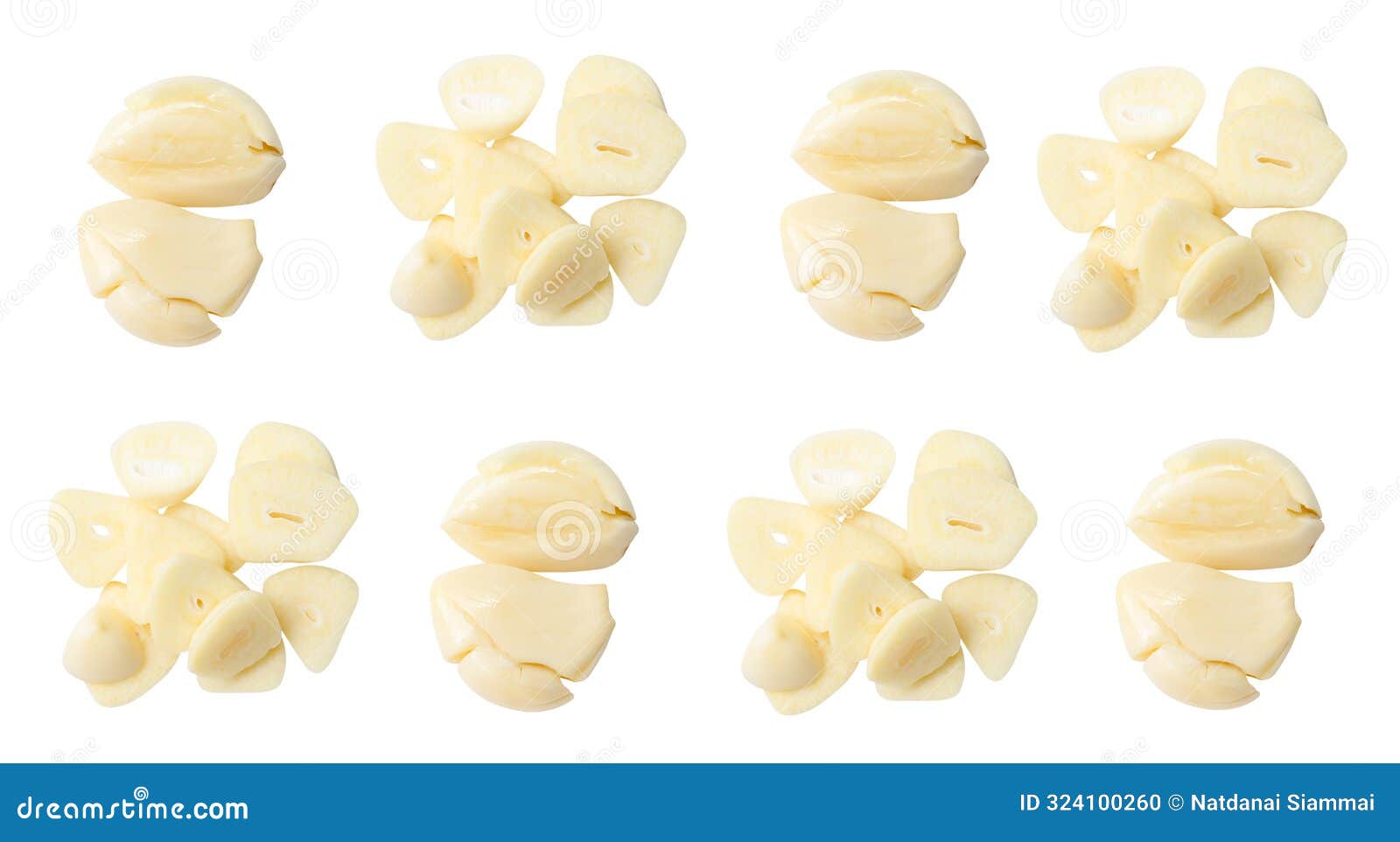 Top View Set of Pounded Garlic Cloves and Pieces or Slices Scattering ...