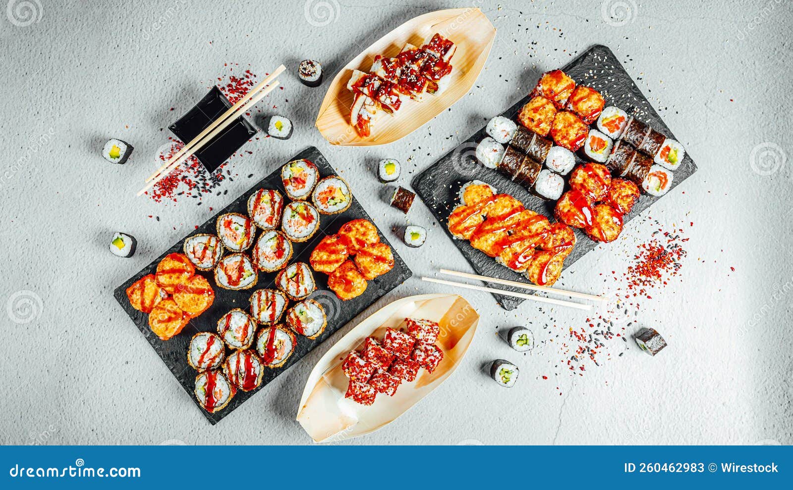 Top View of a Set of Sushi on Plates Stock Image - Image of natural ...