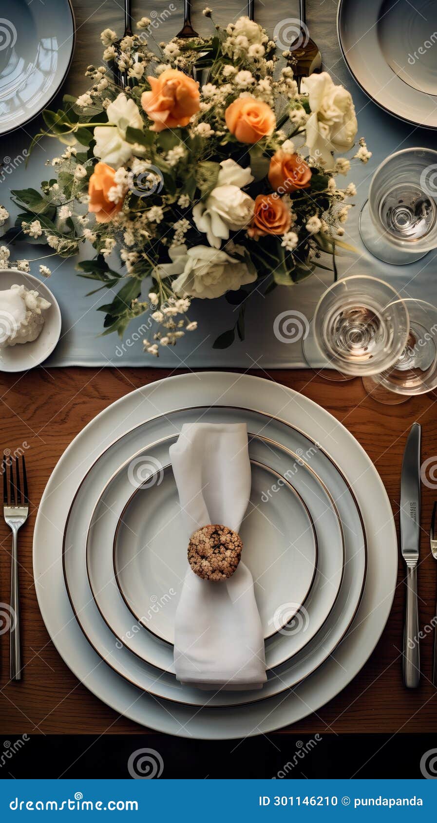 Top View of a Set Table with Empty Plates and Glasses Stock Photo ...