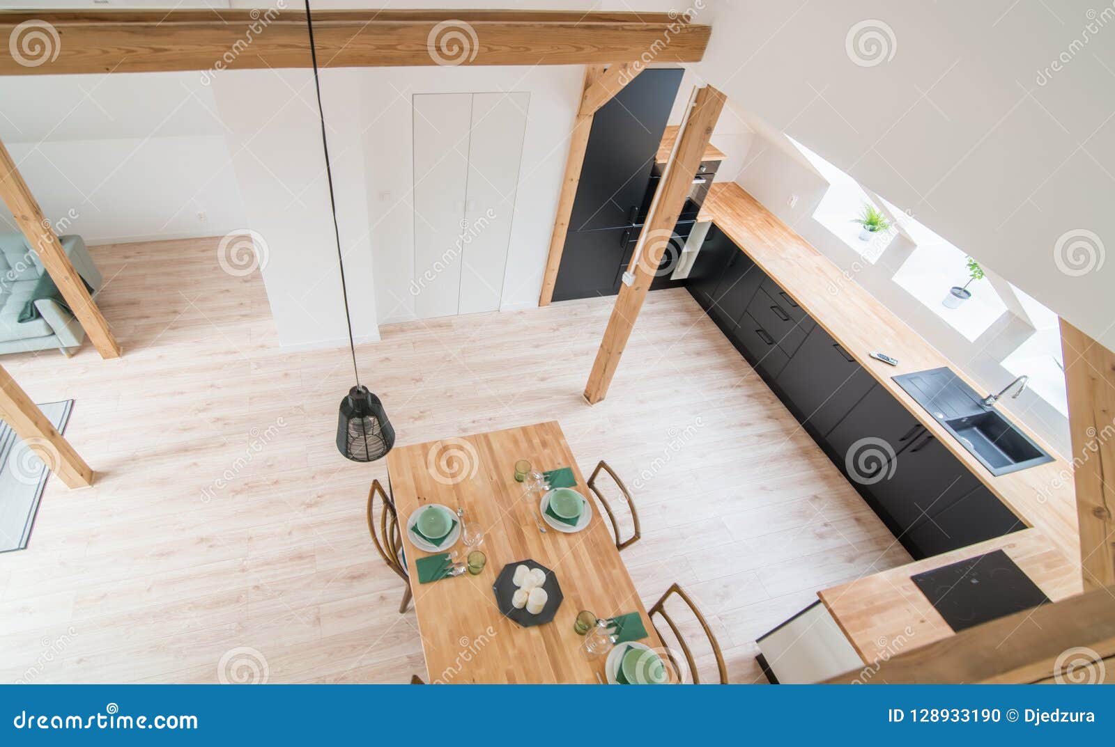 Top View on Set Wooden Dining Table Stock Photo - Image of apartment ...