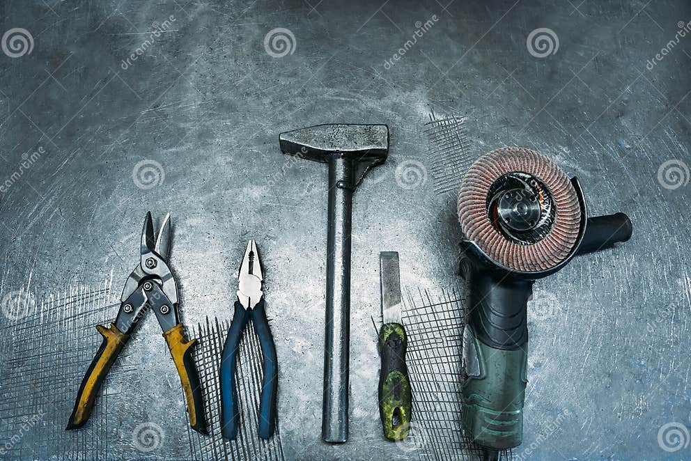 Top View of Set Working Tools Lying on Metal Table Stock Photo - Image ...