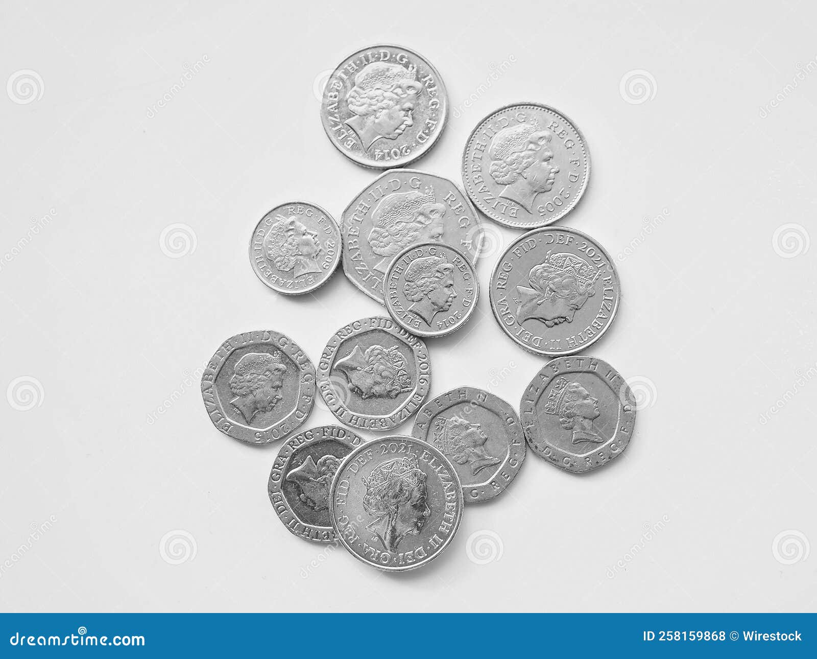 Top View of Several Gray Coins of the UK with the Image of Queen ...