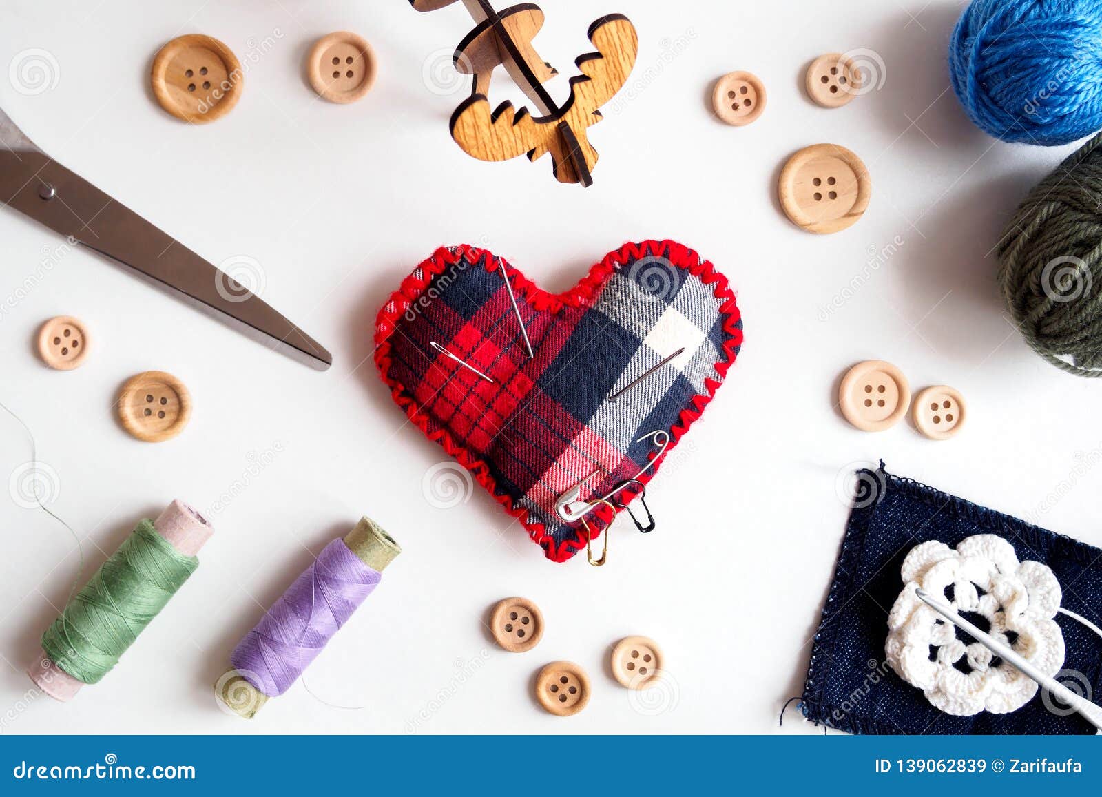 Top View of Sewing Kit with Thread, Scissors, Buttons and Needle Pillow ...