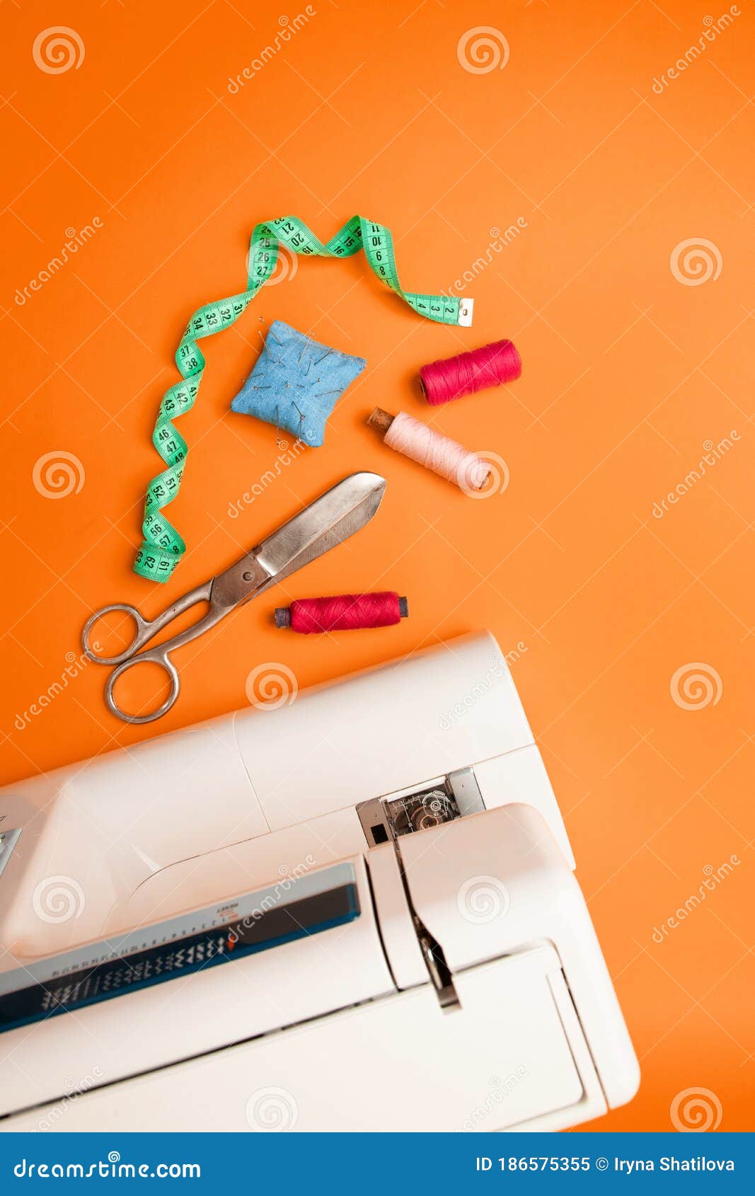 Top View of Sewing Machine with Accessories for Sewing, Scissors and a ...