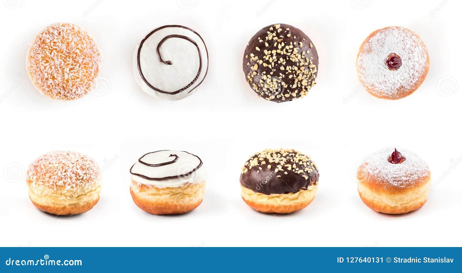 Top View and View from Side of Delicious Doughnuts Isolated on White ...