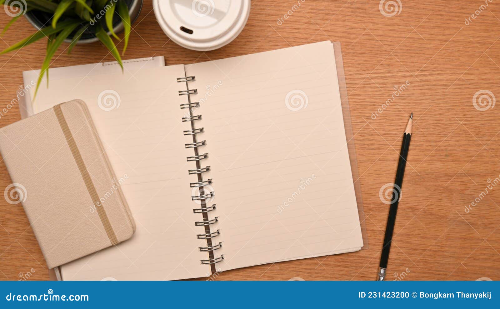 Top View of Simple Study Desk with Blank Notebook Pages on Wooden ...