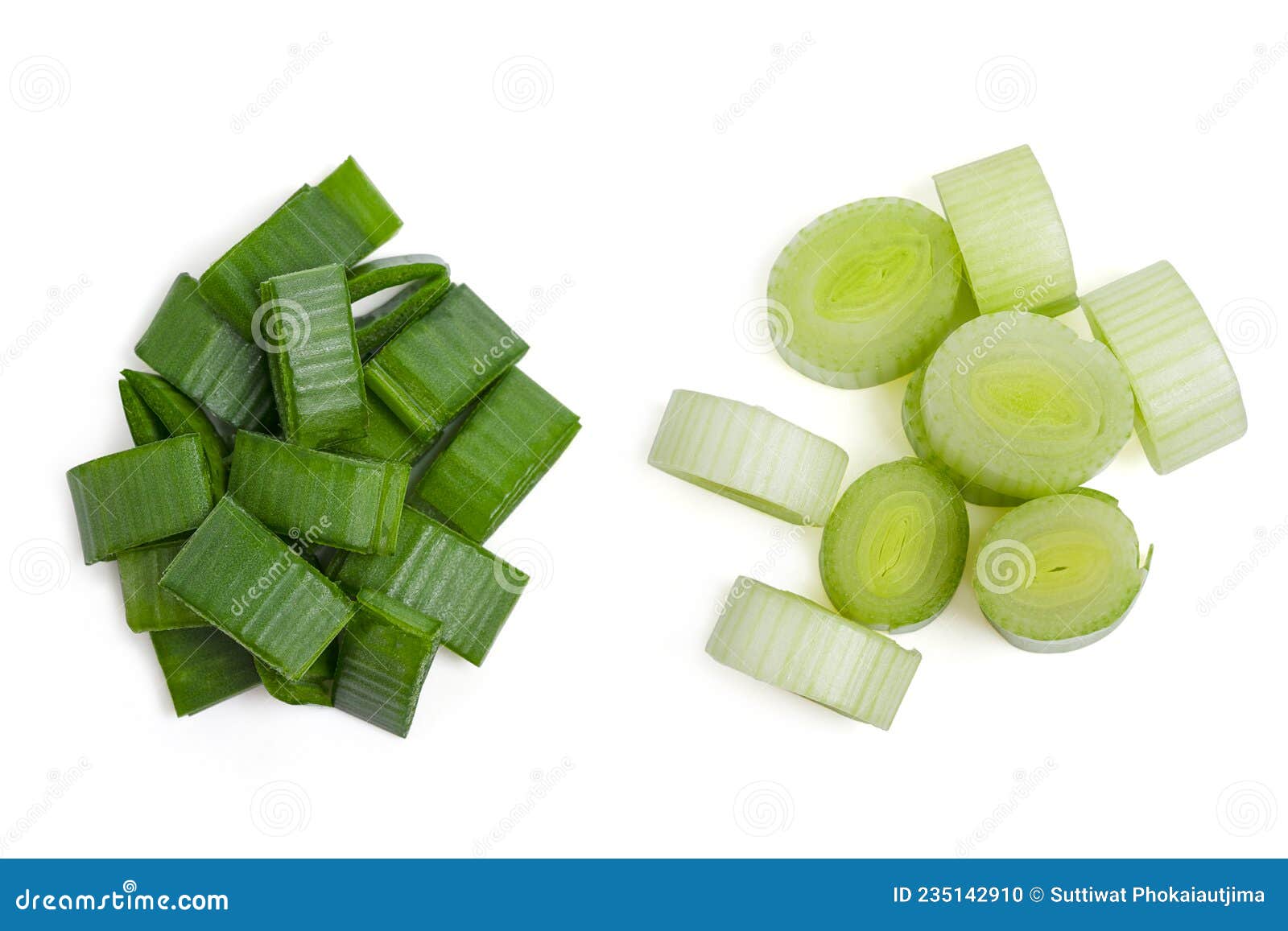 Top View Slice Spring Onions with Root on White Background Stock Photo ...