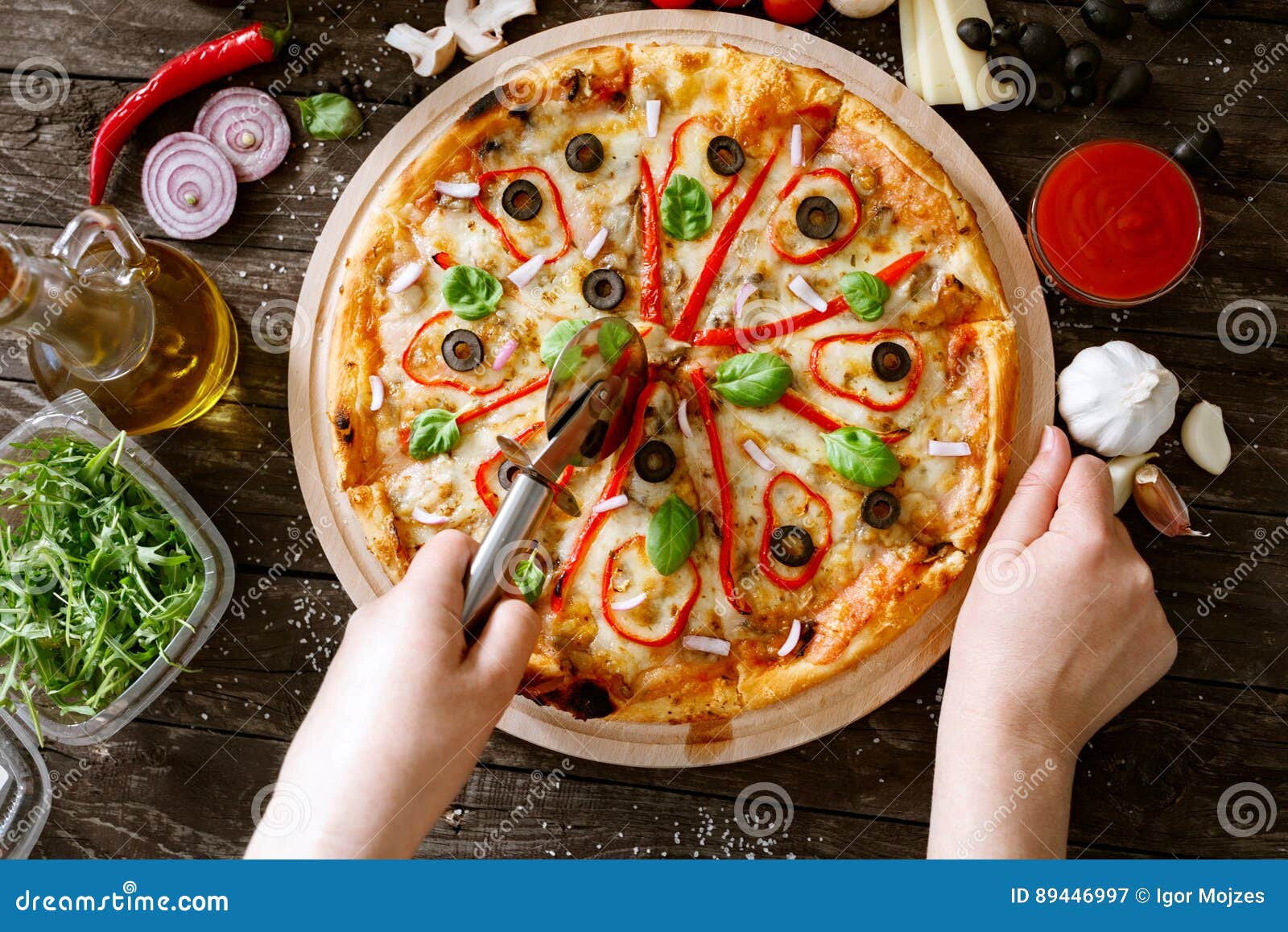 Top View Slicing Pizza with Pizza Cutter Stock Image - Image of gourmet ...