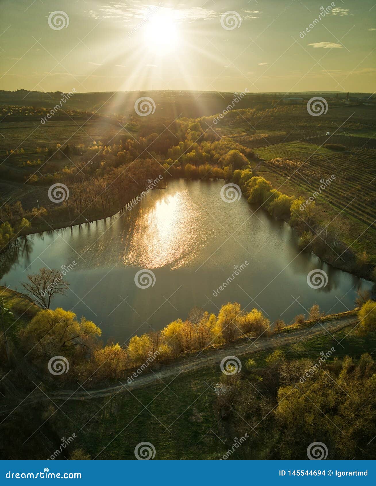 Top View Small Lake with Sunset Light Stock Photo - Image of orange ...