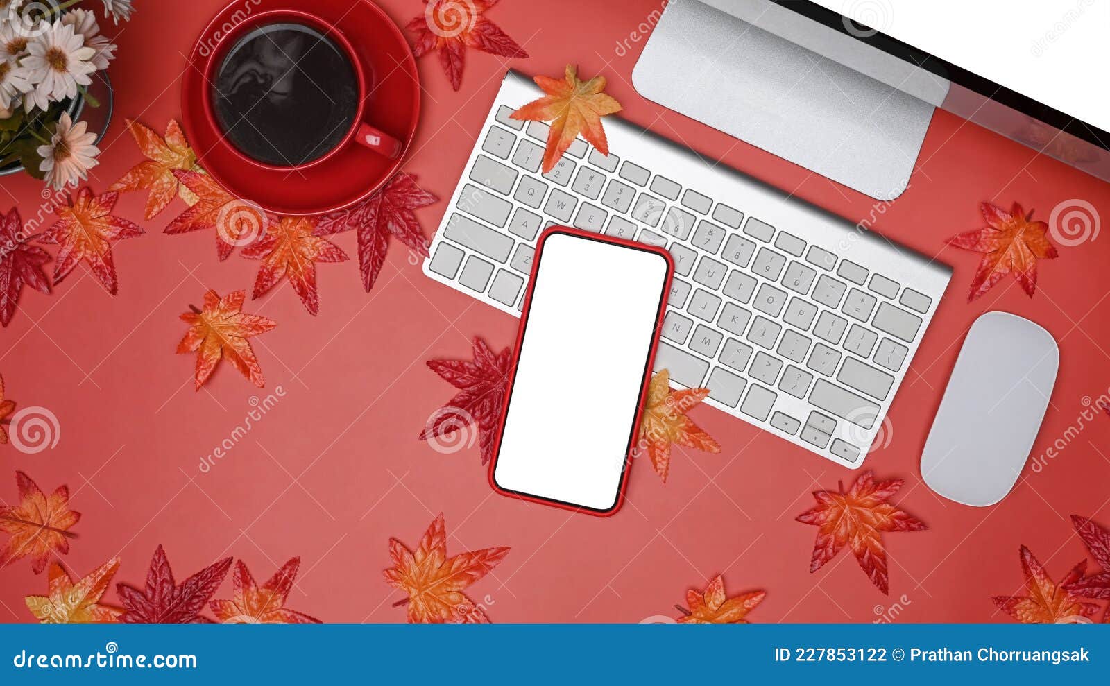 Smart Phone, Coffee Cup, Computer and Maple Leaves on Red Background ...