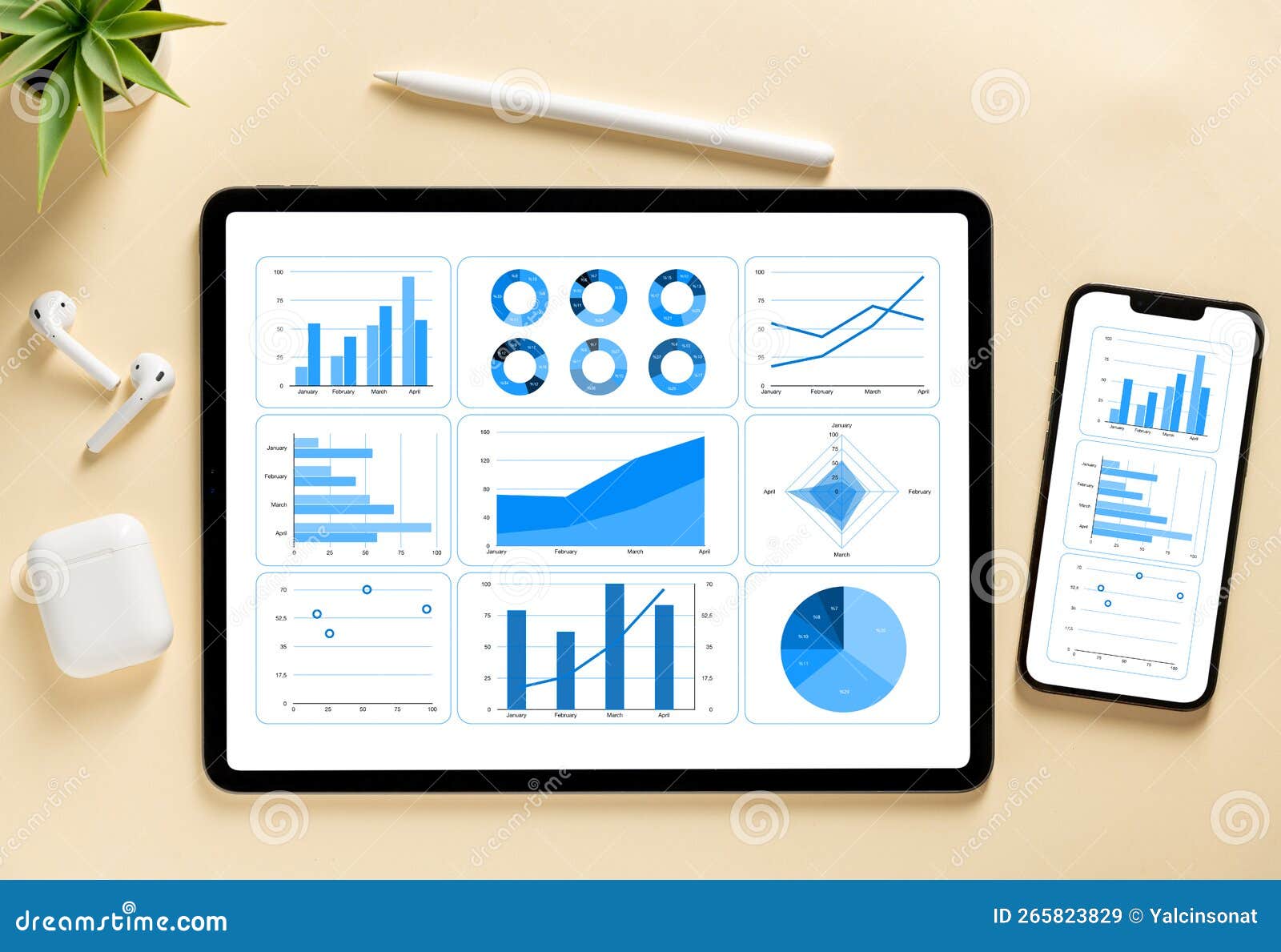 Top View of Smartphone and Tablet with Reports and Graphs on Screen ...