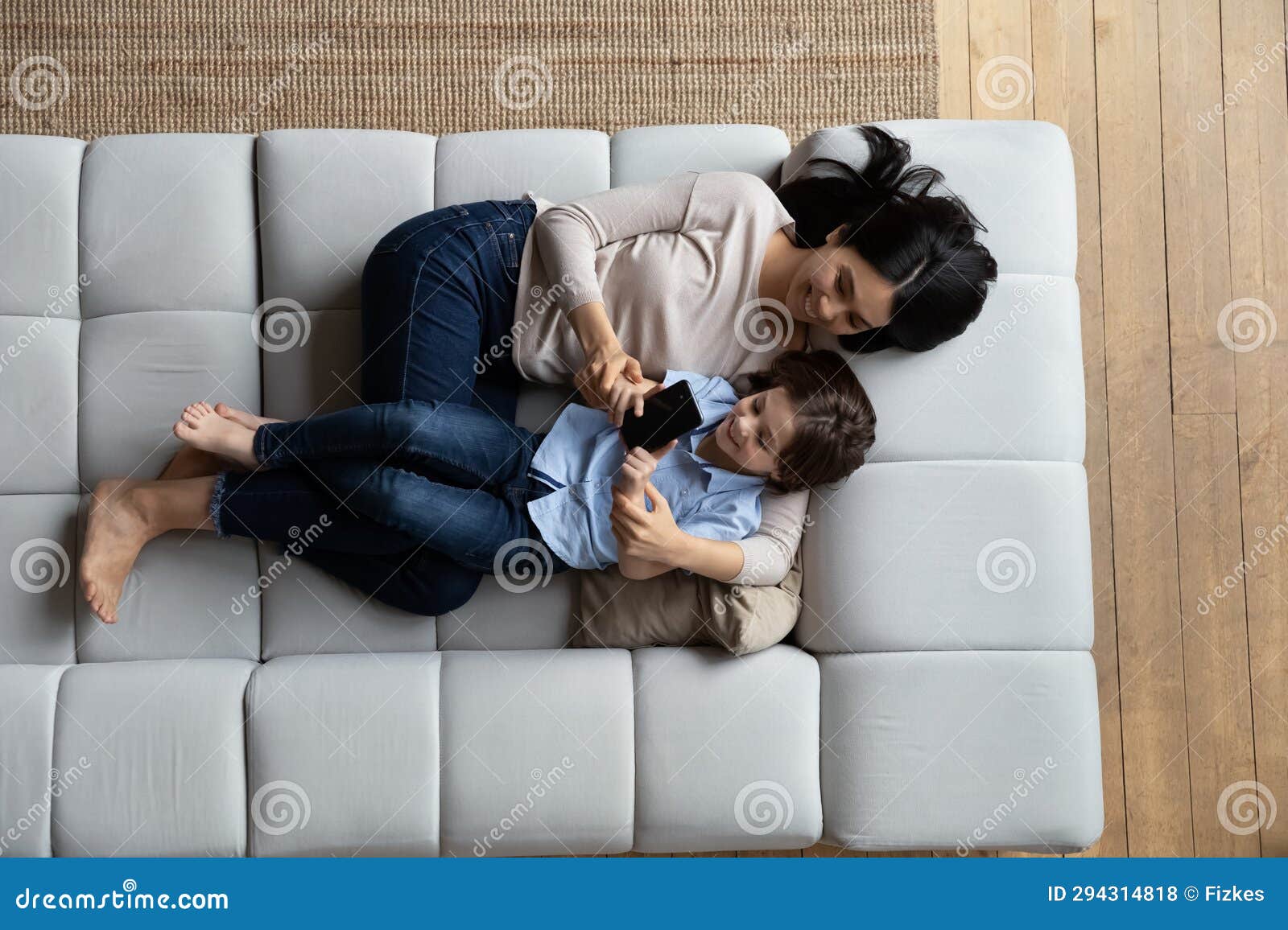 Top View Smiling Asian Mother and Son Using Phone Together Stock Photo ...