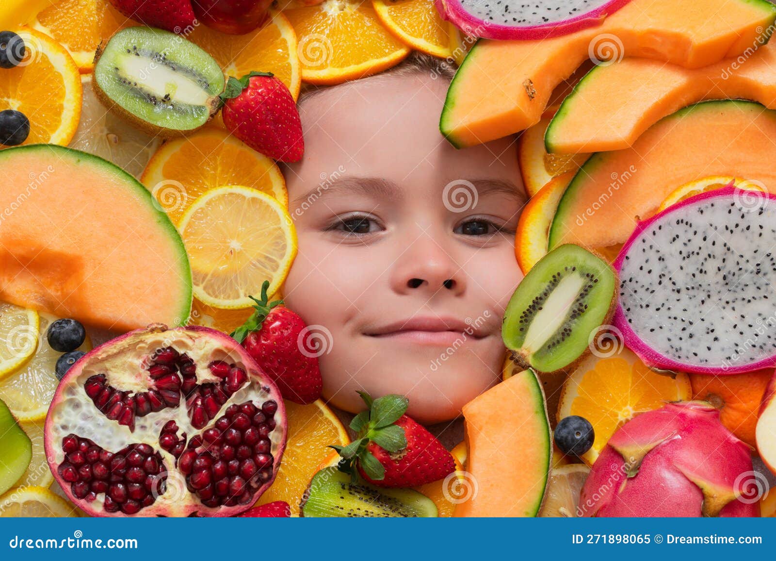 Top View of Smiling Kids Face with Different Fruits. Summer Fruits ...