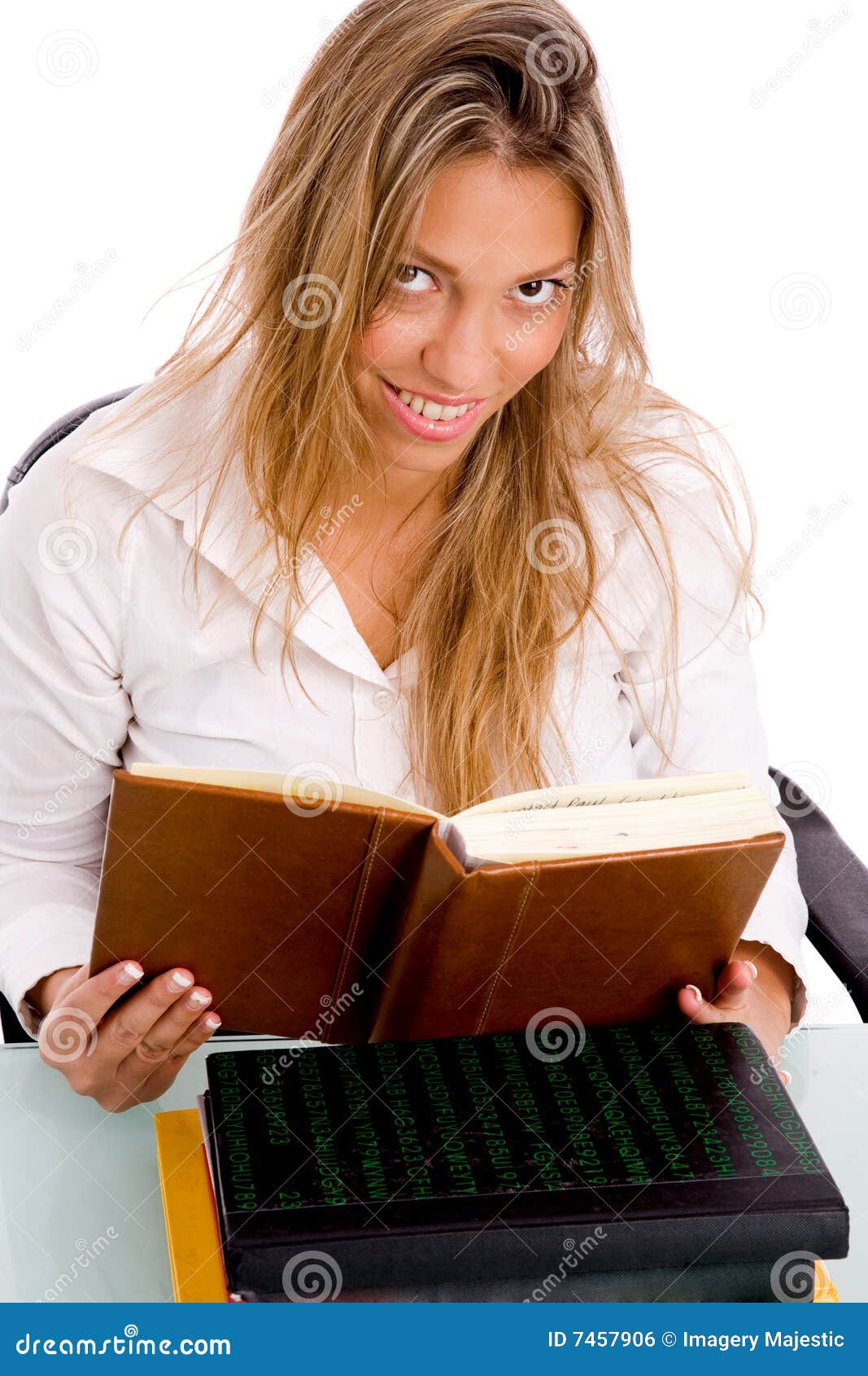 Top View of Smiling Student Reading Book Stock Photo - Image of posing ...