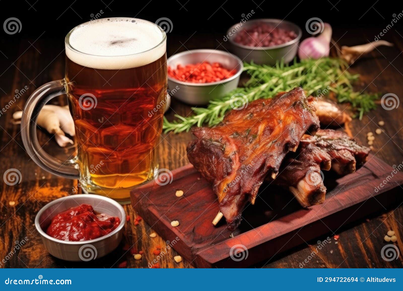 Top View Of Smoked Ribs And Poured Amber Ale In Glass Stock Illustration Illustration Of Glass