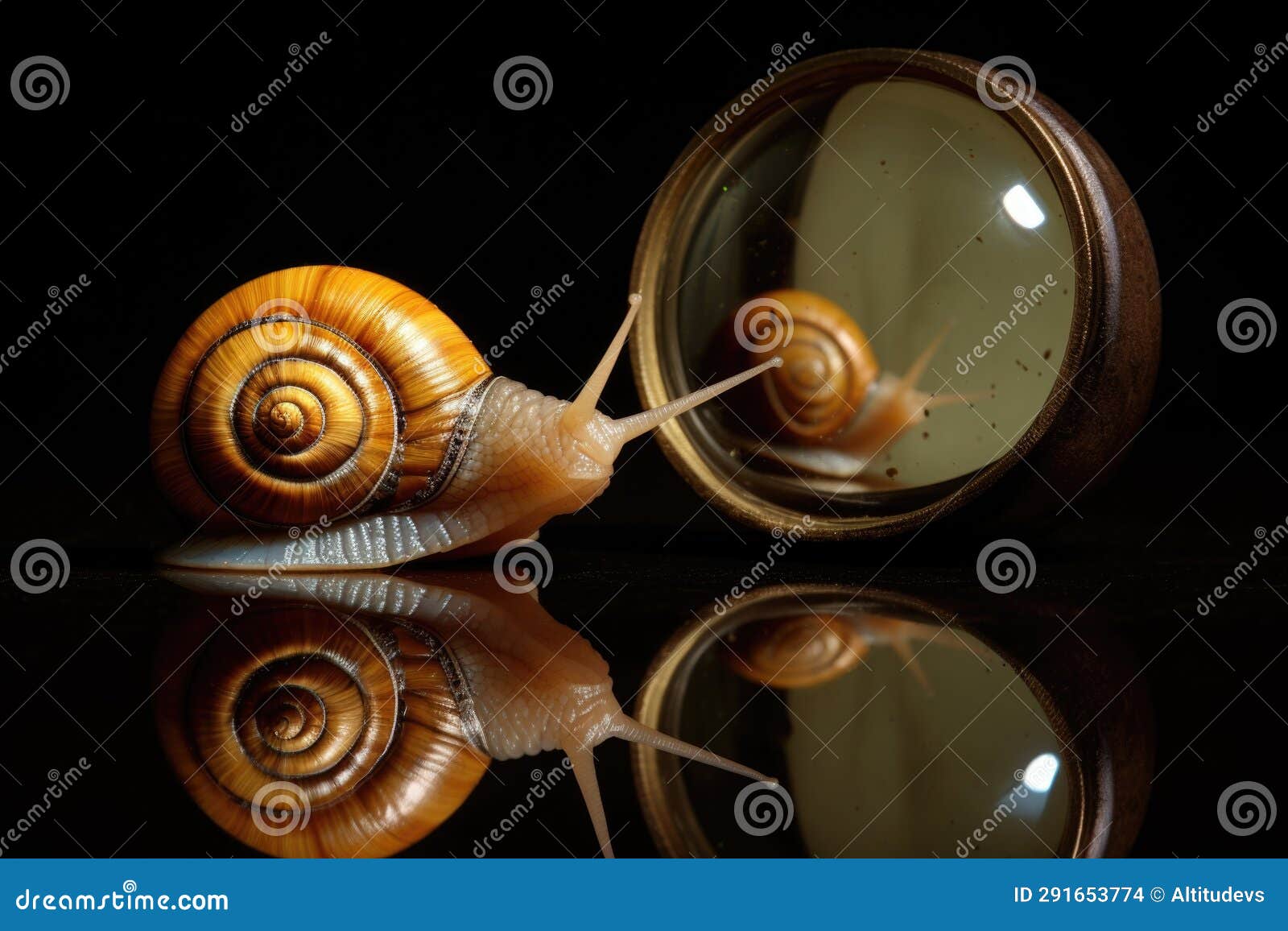 Top View of a Snail on a Cream Jar, with a Mirror Reflecting the Scene ...