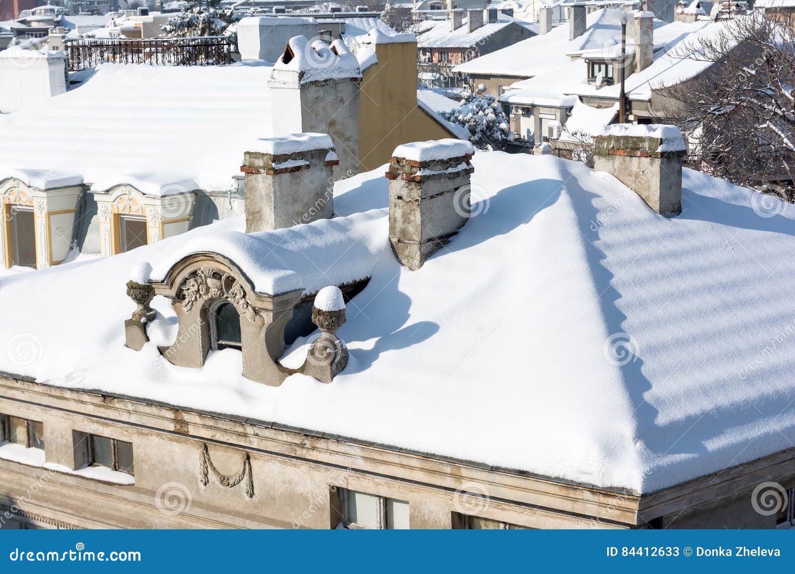 Top View of Snow Roofs and Chimneys. Stock Image - Image of ...