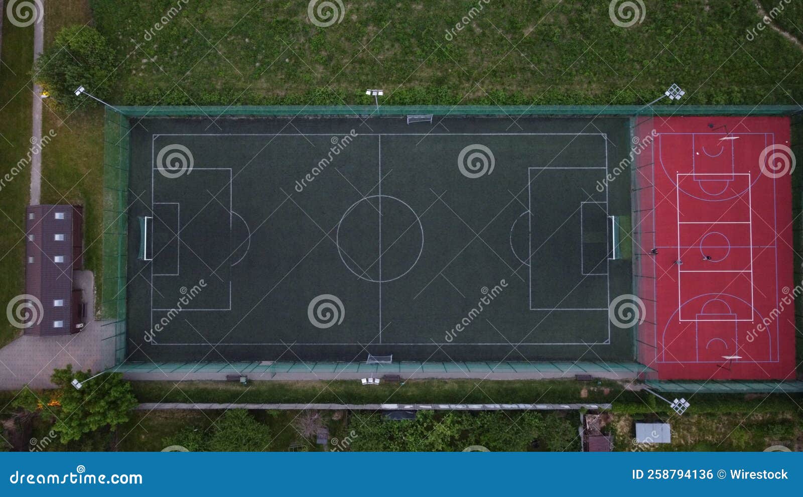 Top view of a soccer field stock photo. Image of competition - 258794136