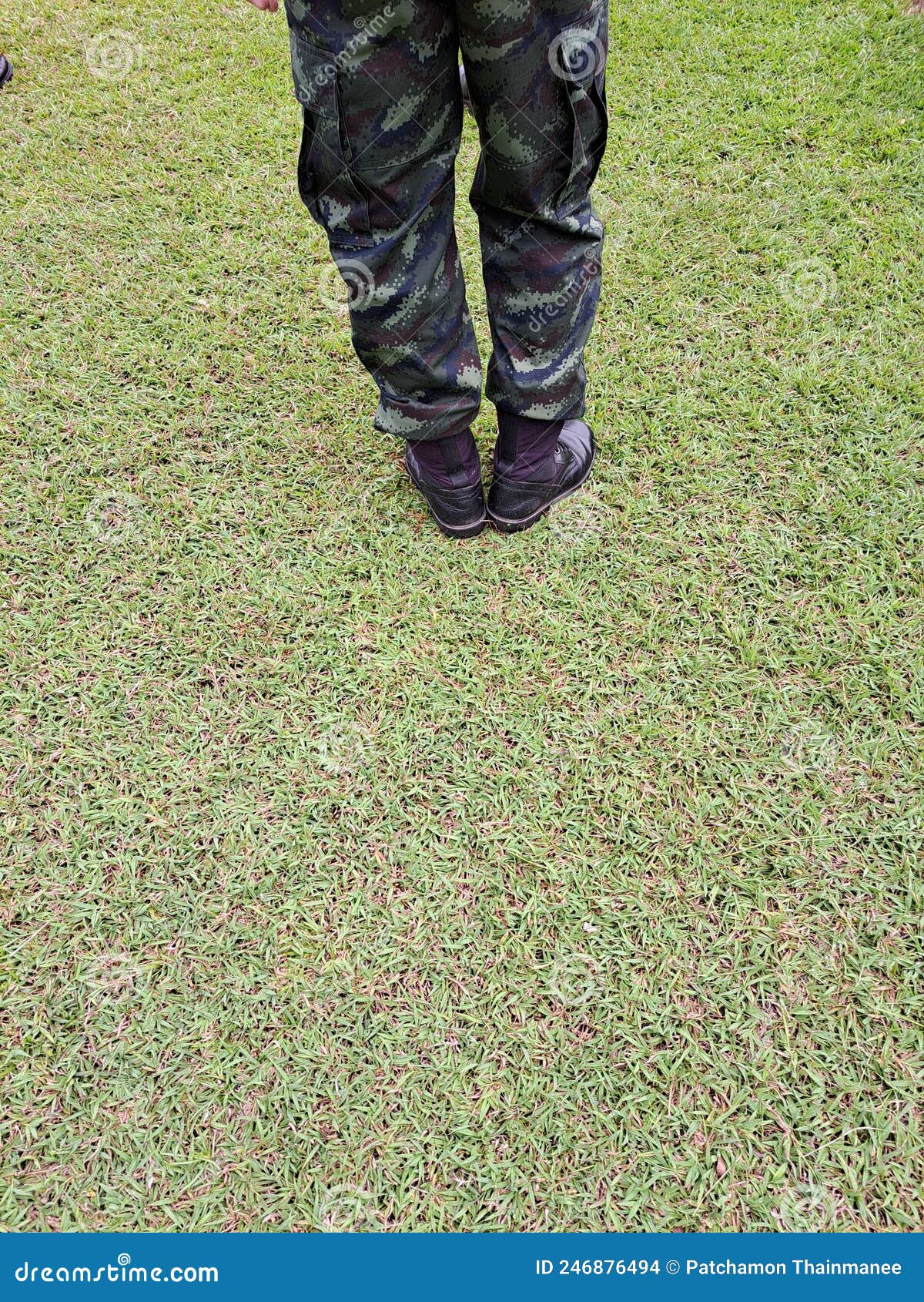 Top View, Soldier in Training Uniform and Combat Boots Standing on ...
