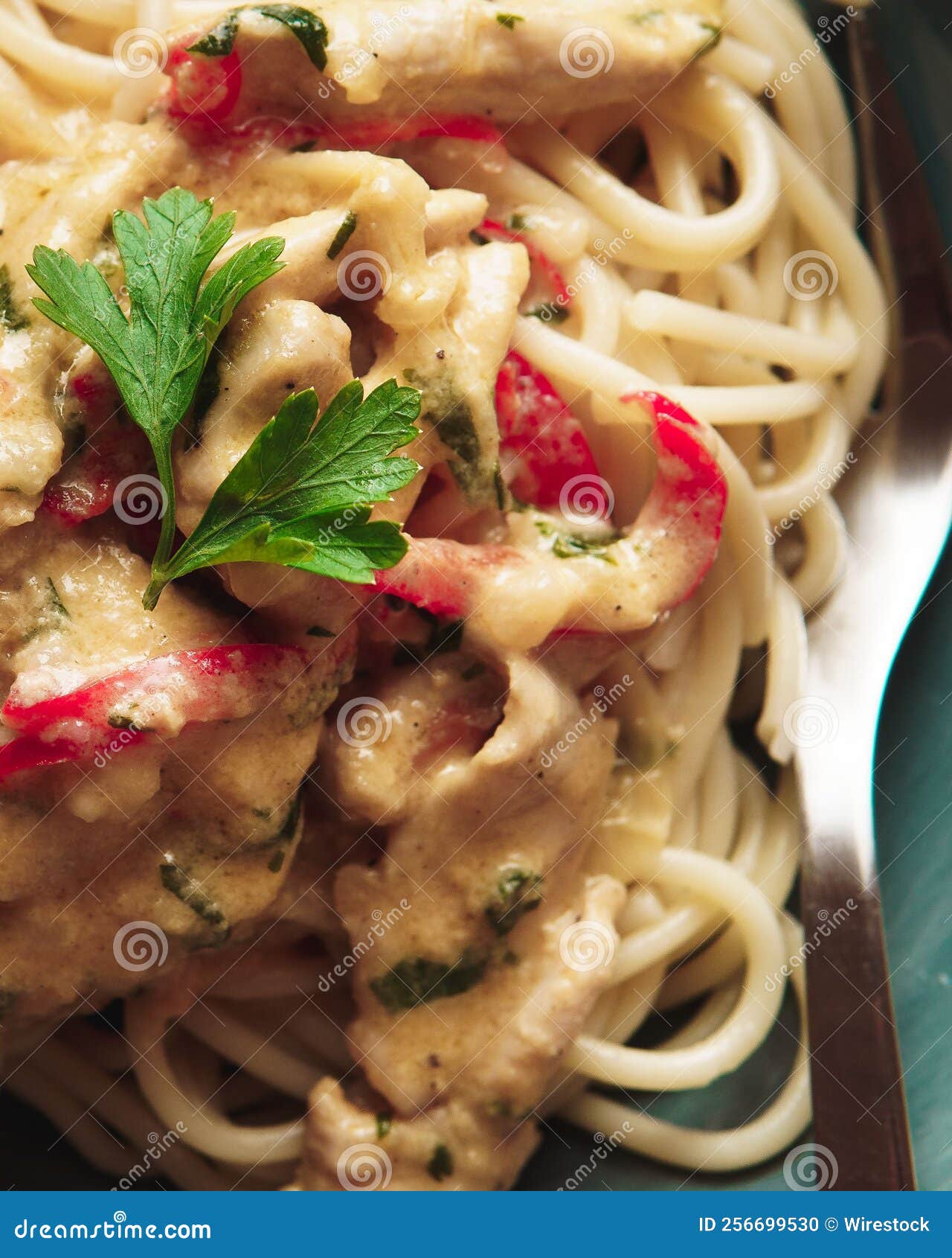 Top View of Spaghetti with Red Pepper and Sauce on Top Stock Photo ...