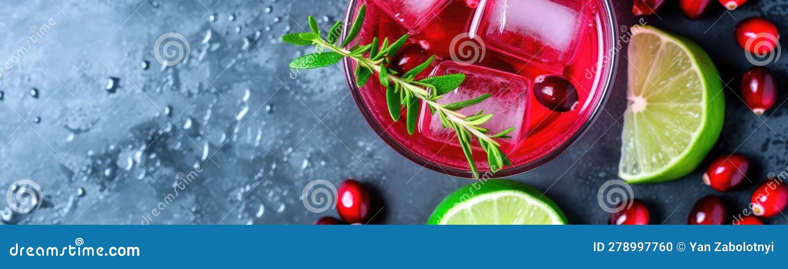 Top View Sparkling Cranberry Mocktail with Lime. Banner for Web ...