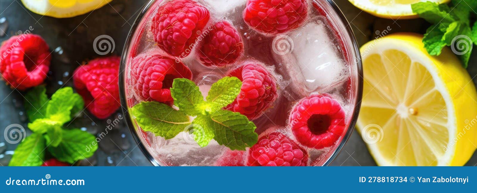 Top View Sparkling Raspberry Lemonade with Fresh Raspberries Banner ...
