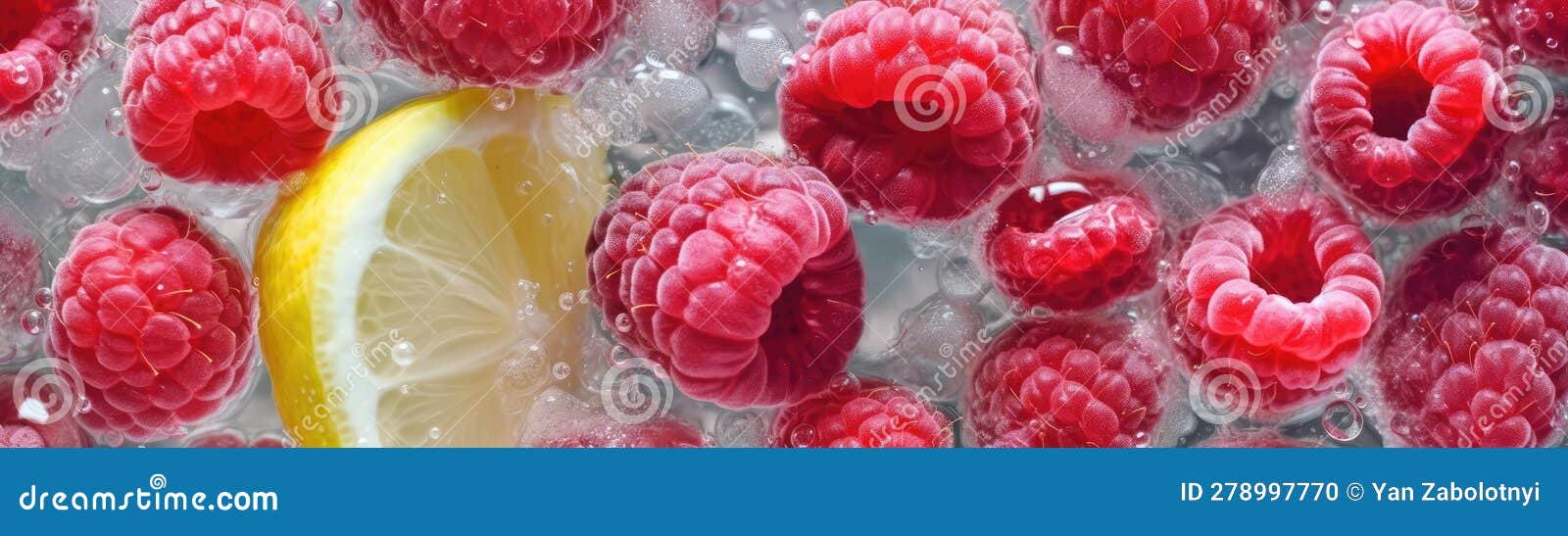 Top View Sparkling Raspberry Lemonade with Fresh Raspberries. Banner ...