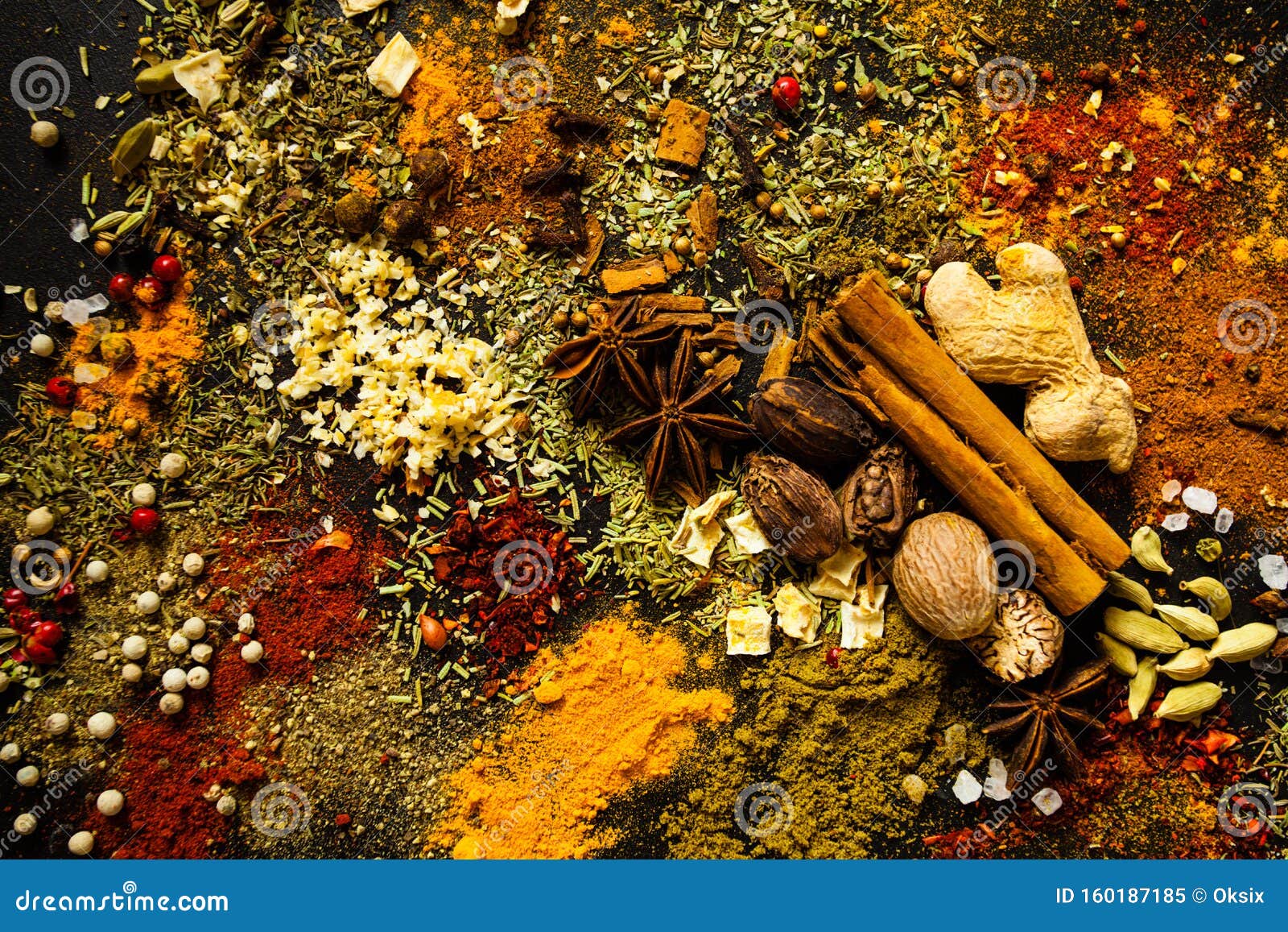 Top View of Spices and Herbs Scattered on the Board Stock Image - Image ...