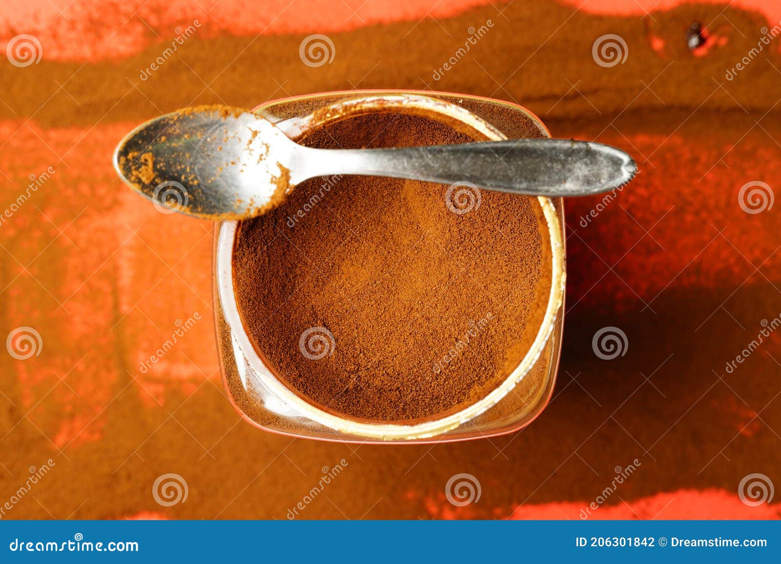 Top View of Spoon and Pot of Instant Coffee on Color Background. Flat ...