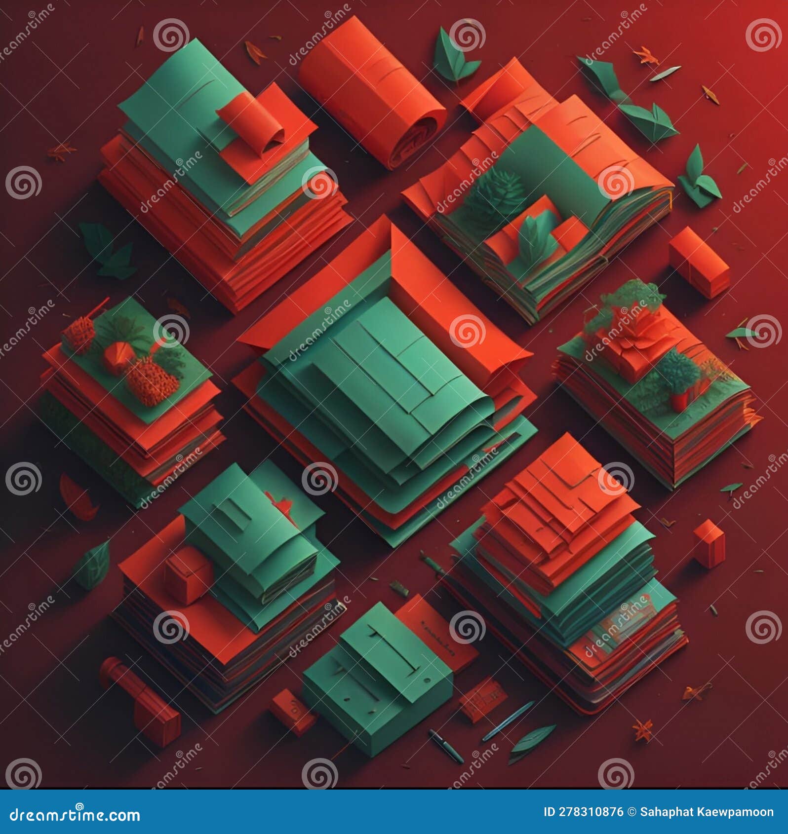 Top View of Stack of Books on Red Background, 3d Rendering Stock ...
