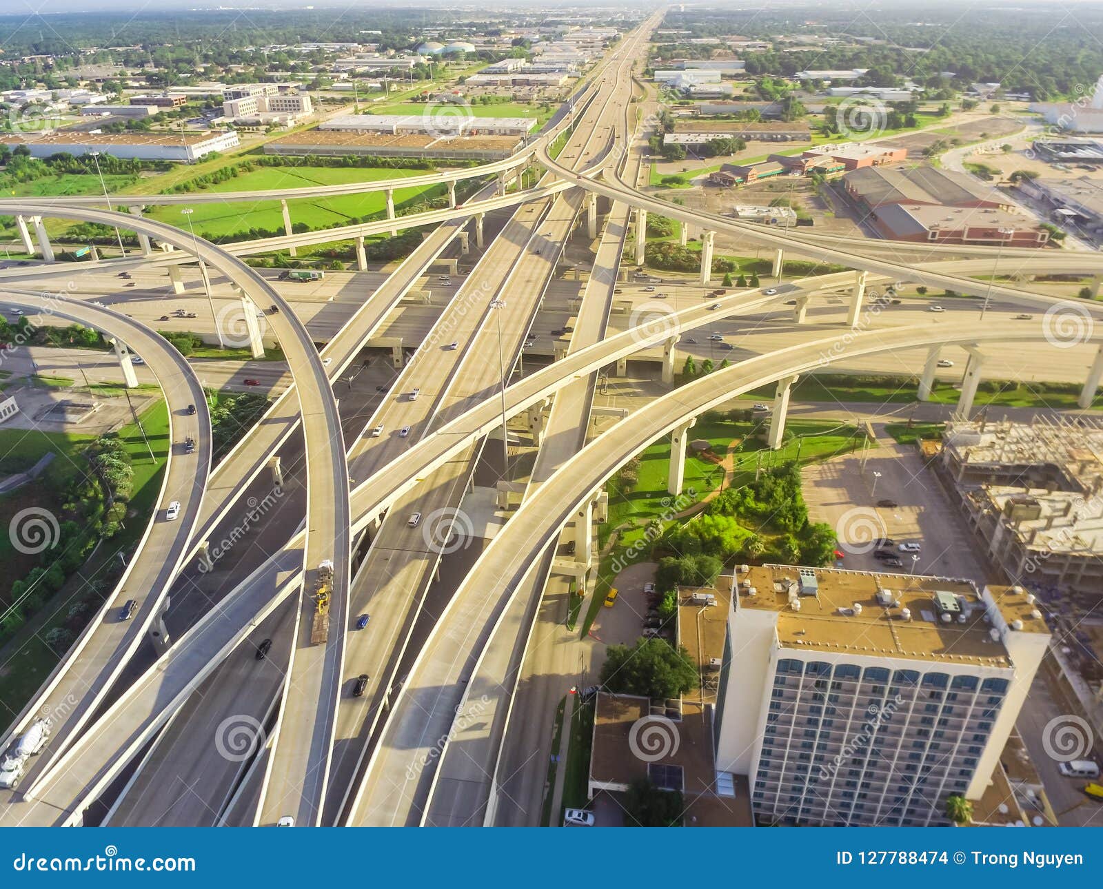 Top View Stack Interchange Expressway and Houston Skyline Background ...