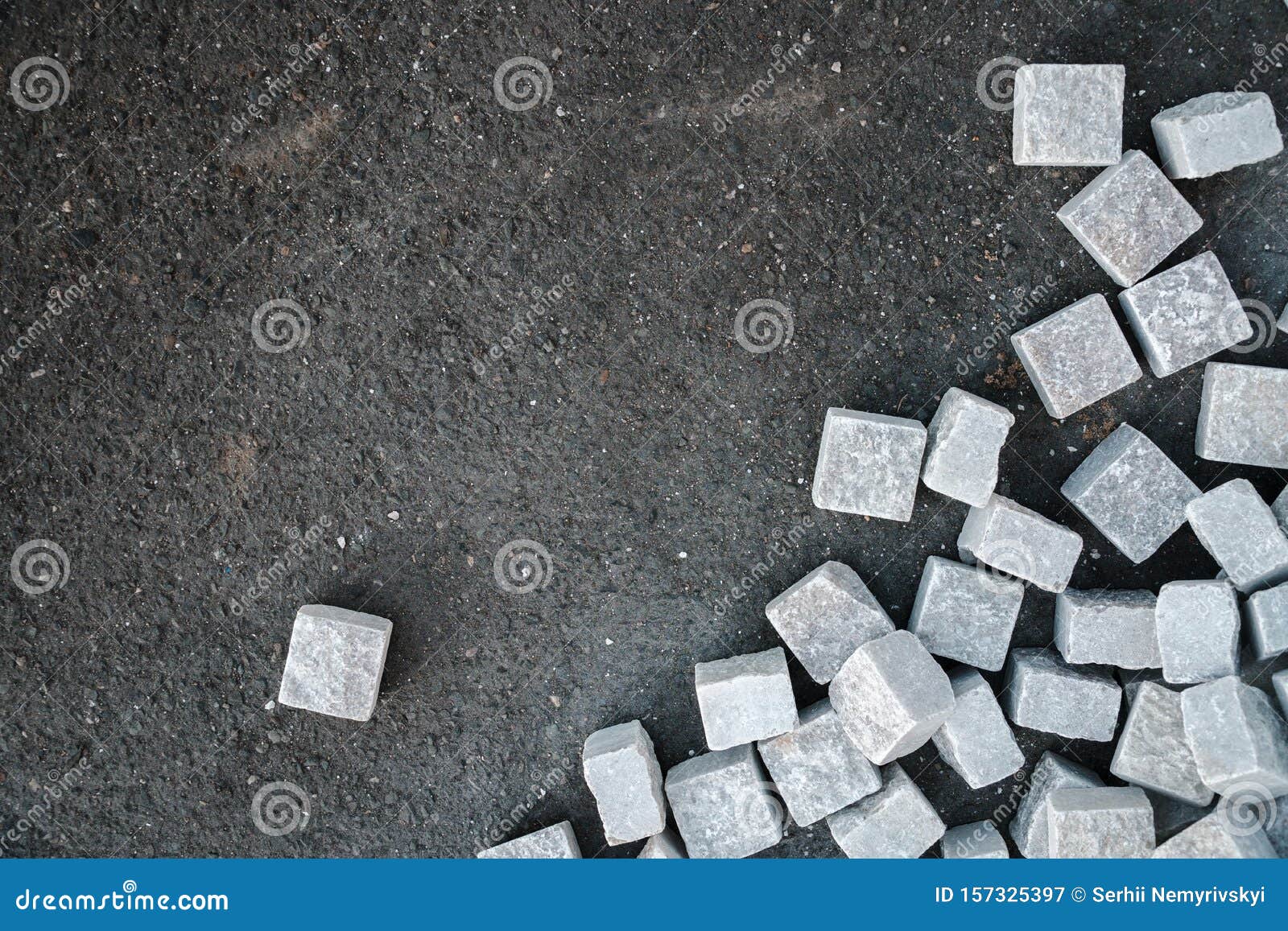 Top View. Stone Cube Pavement, Construction Worker Laying Cobblestone ...