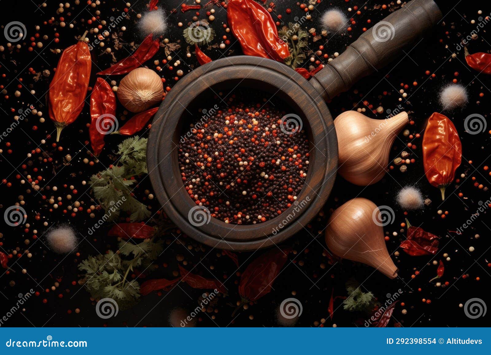 Top View of a Stone Mortar with Exploding Peppercorns Stock Photo ...