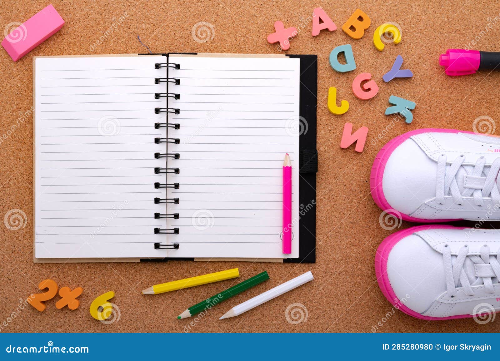 Top View of Streaks, Letters and Open Notepad on Cork Background. the ...