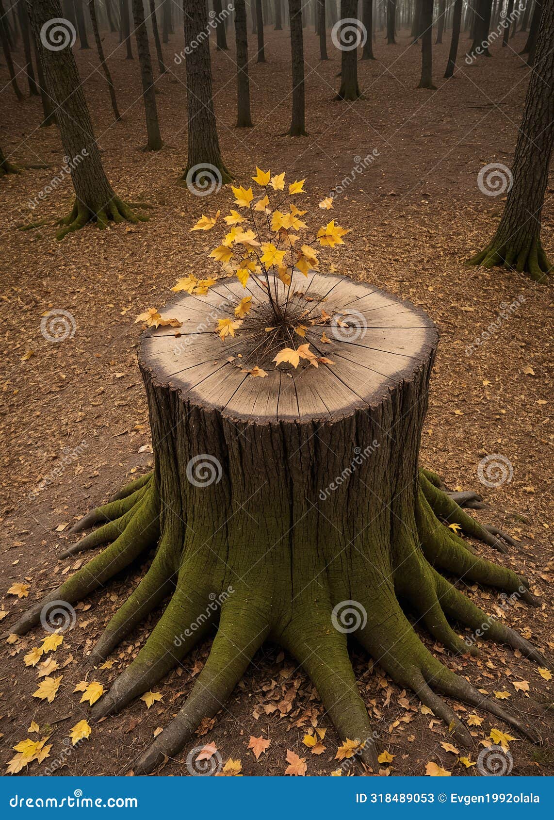 Top View of a Stump in an Autumn Forest with Yellow Fallen Leaves. a ...