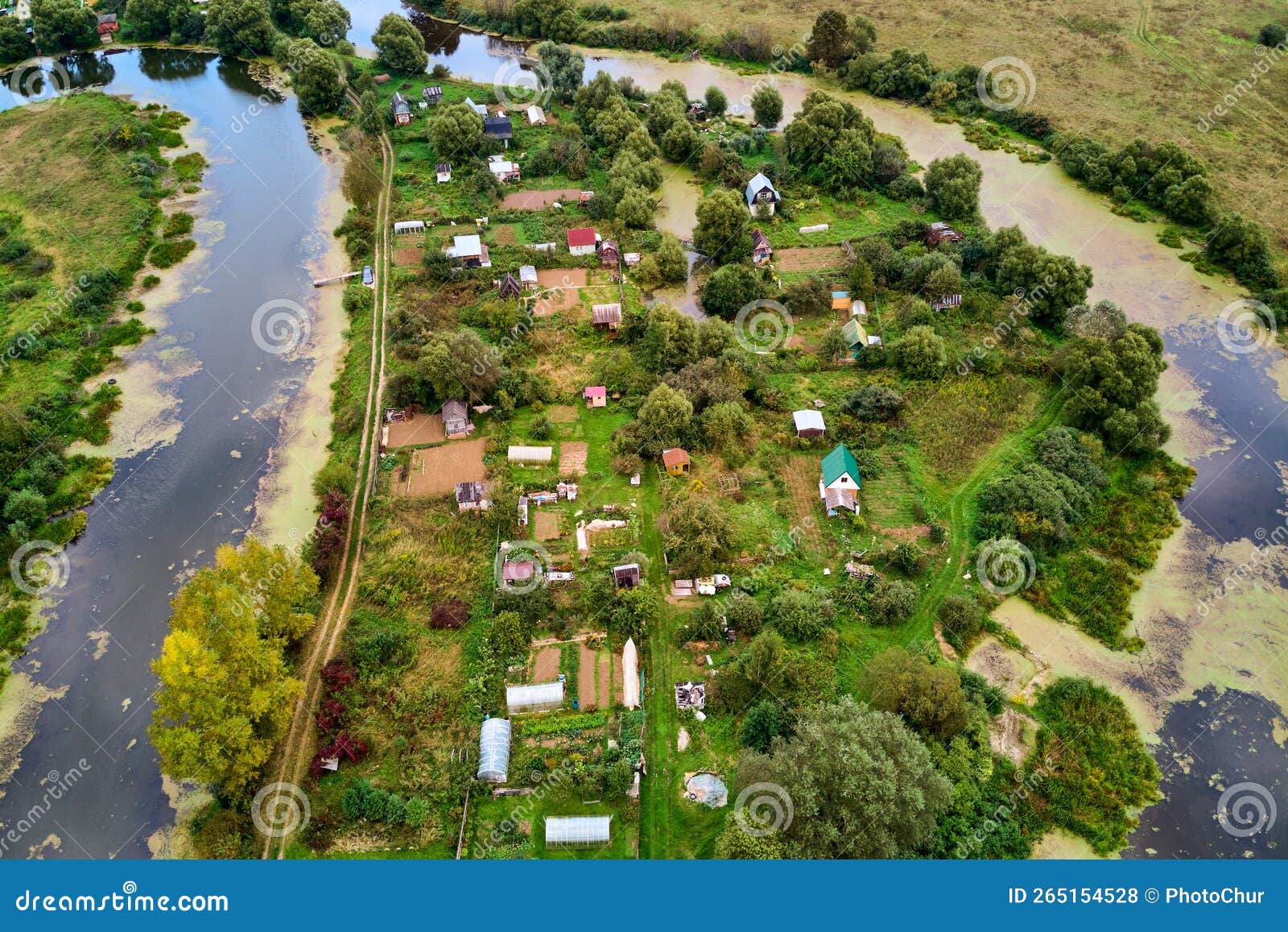 Top View of Summer Cottages Located Inside the River Loop Stock Photo ...