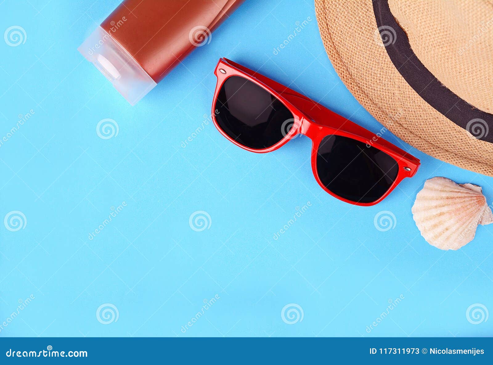 Top View of Sunglasses, Shells, Starfish, Sunblock and Hat Stock Image ...