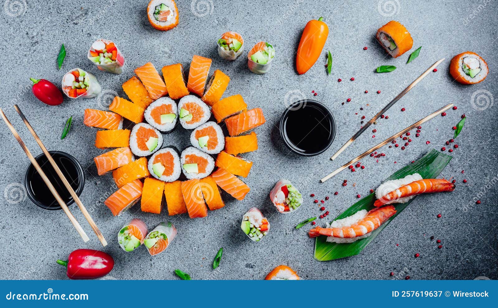 Top view of a sushi set stock image. Image of asia, japanese - 257619637