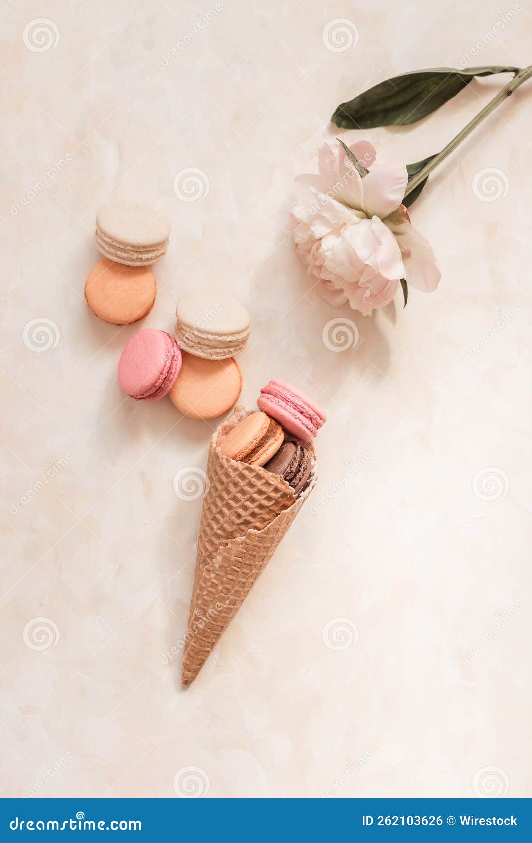 Top View of the Sweet Colorful Macarons in the Waffle Cone on the Light ...