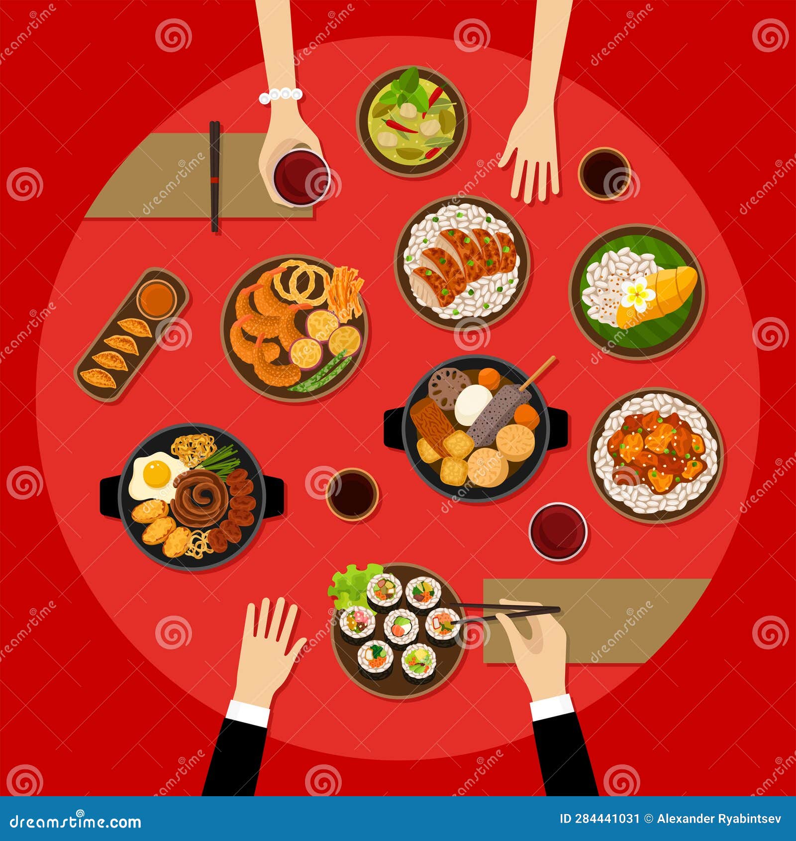 Top View Table with Asian Cuisine Dinner. Couple Having Dinner. Stock ...