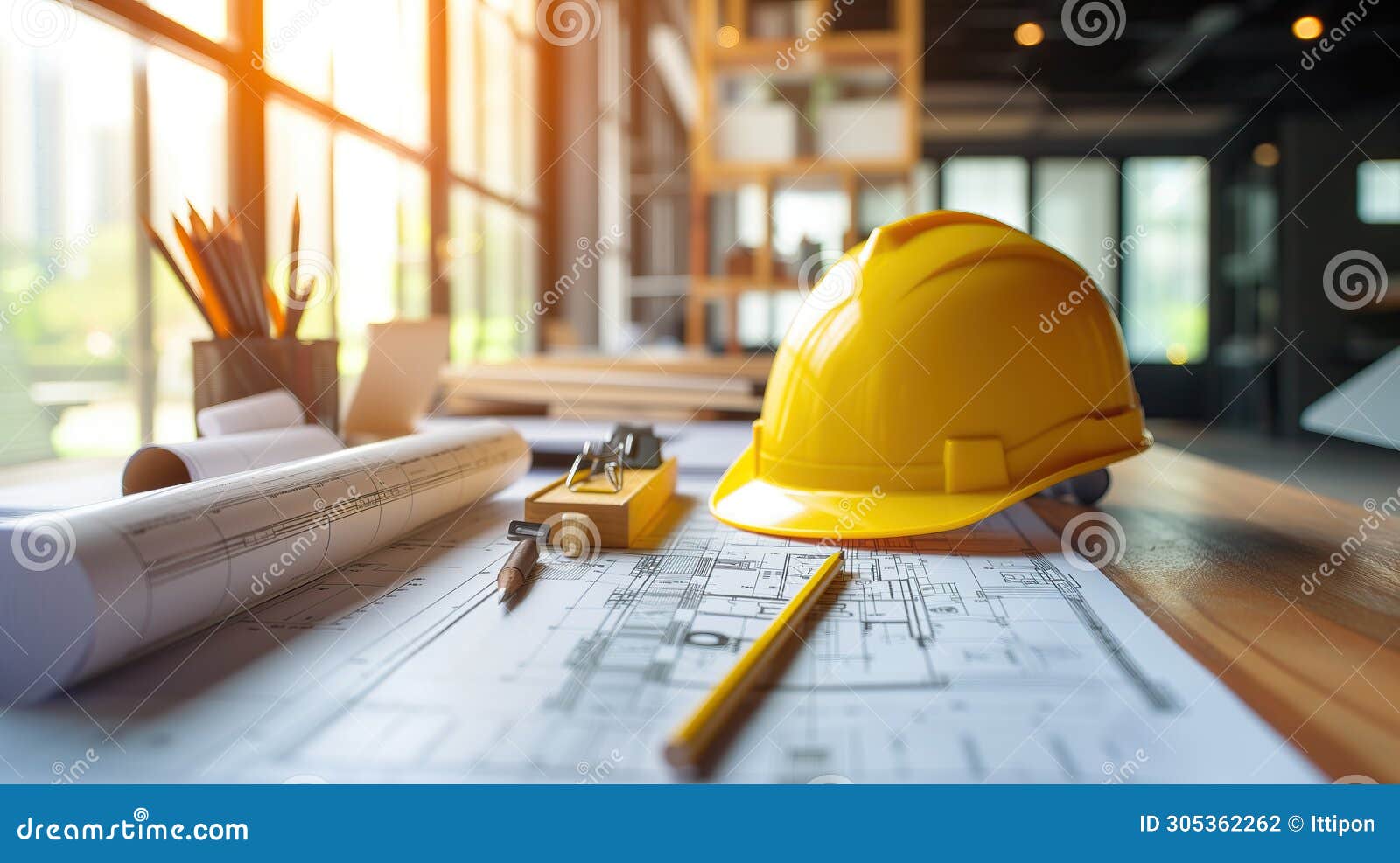 Top View Table of Engineering ,hardhat and Blueprint . Stock ...