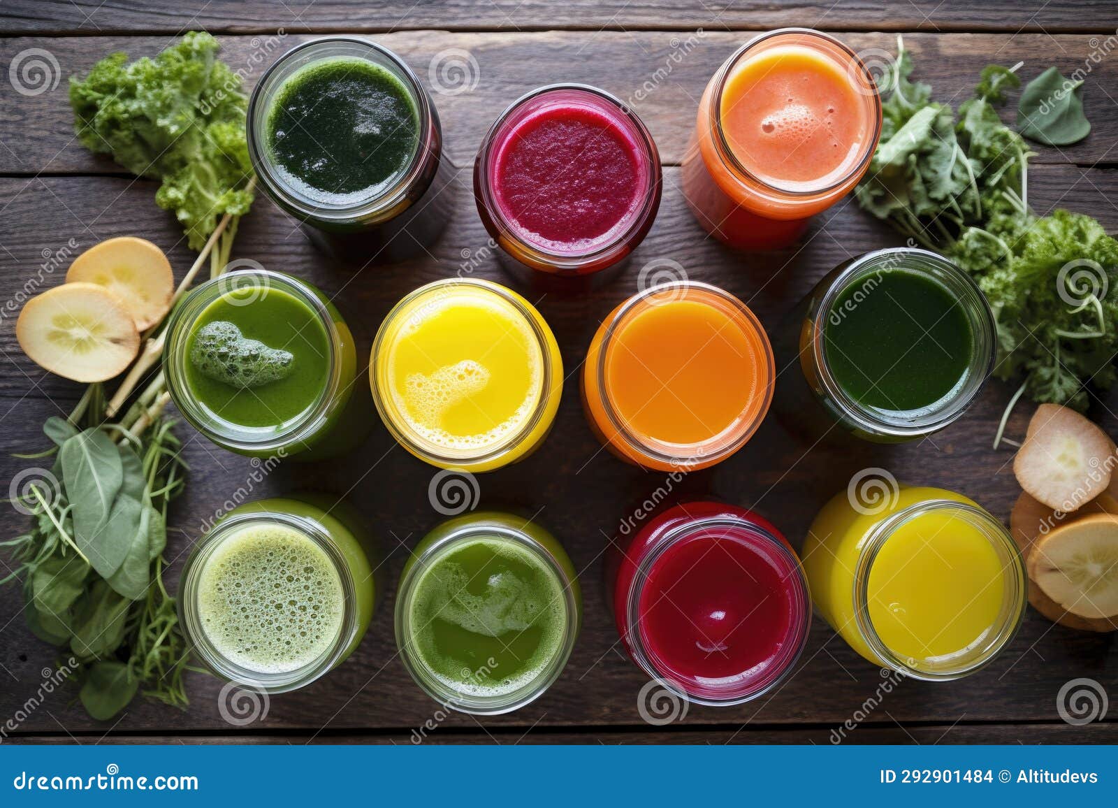 Top View of a Table Full of Various Cold Pressed Juices Stock Photo ...